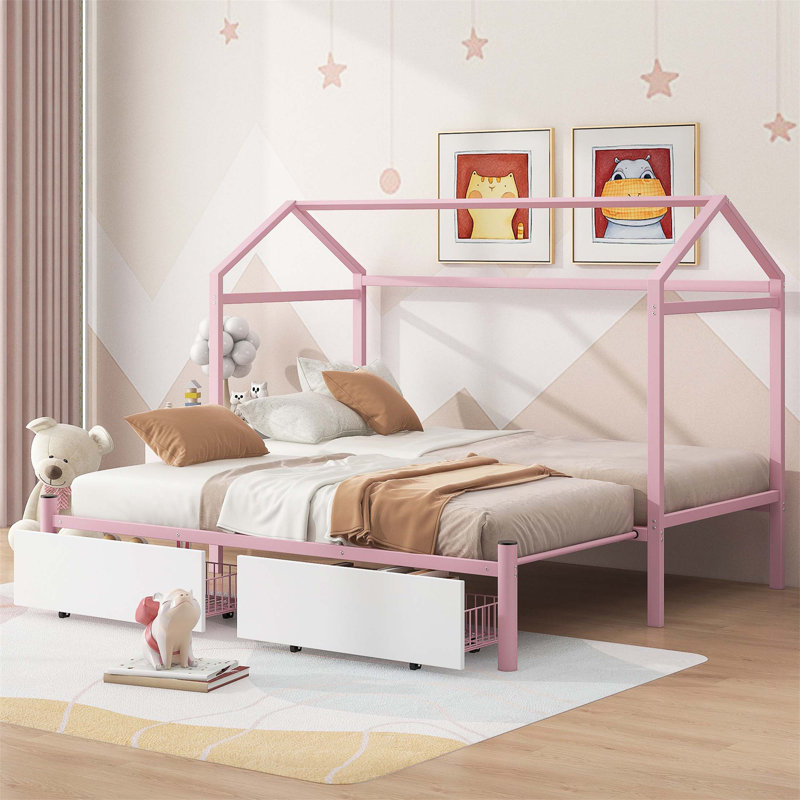 Harper Orchard Twin XL to King Metal Twin Size House Platform Bed with 2 Drawers Wayfair